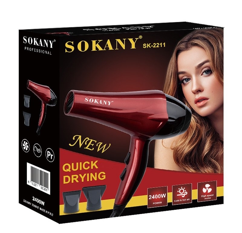 مجفف شعر Sokany SK-2211 بقوة 2400 وات و 3 درجات للحرارة باللون الأحمر