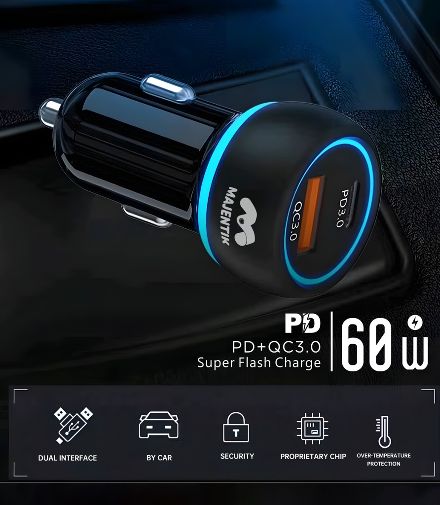 Car Charger Head Super Fast مخرجين ( type c 30w + usb 30w )
